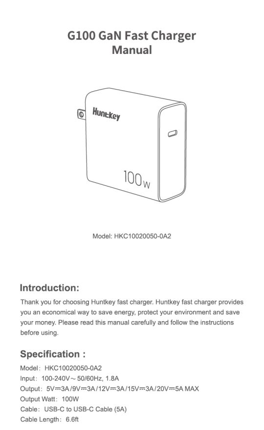 G100 GaN Fast Charger Manual(American Standard) - Huntkey