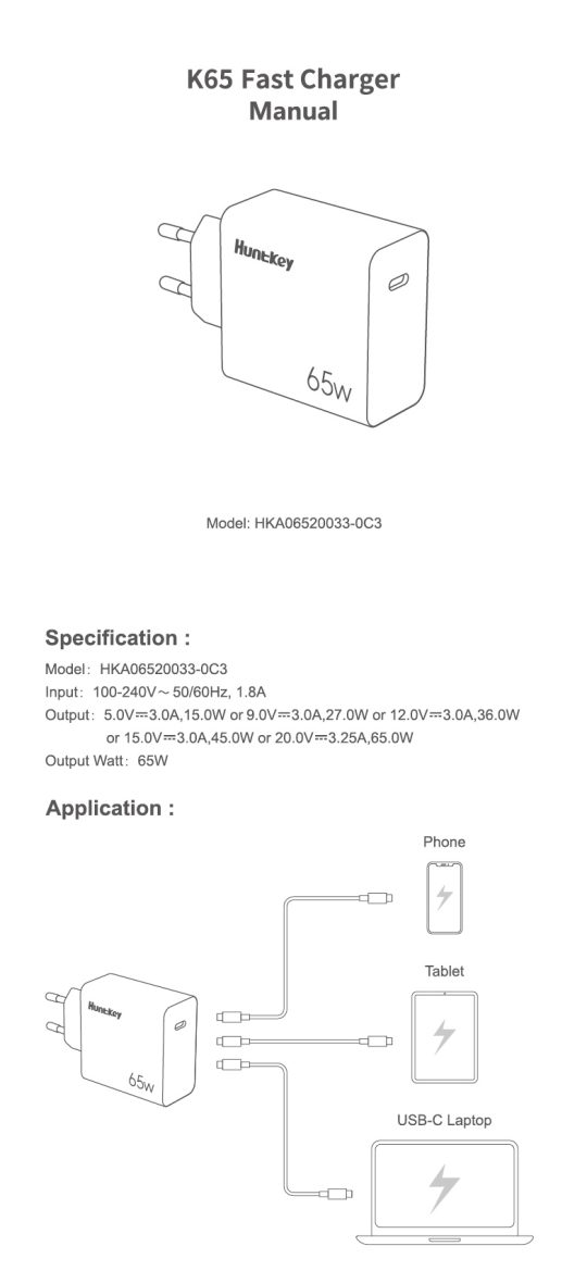 K65 Fast Charger Manual(European Standard) - Huntkey