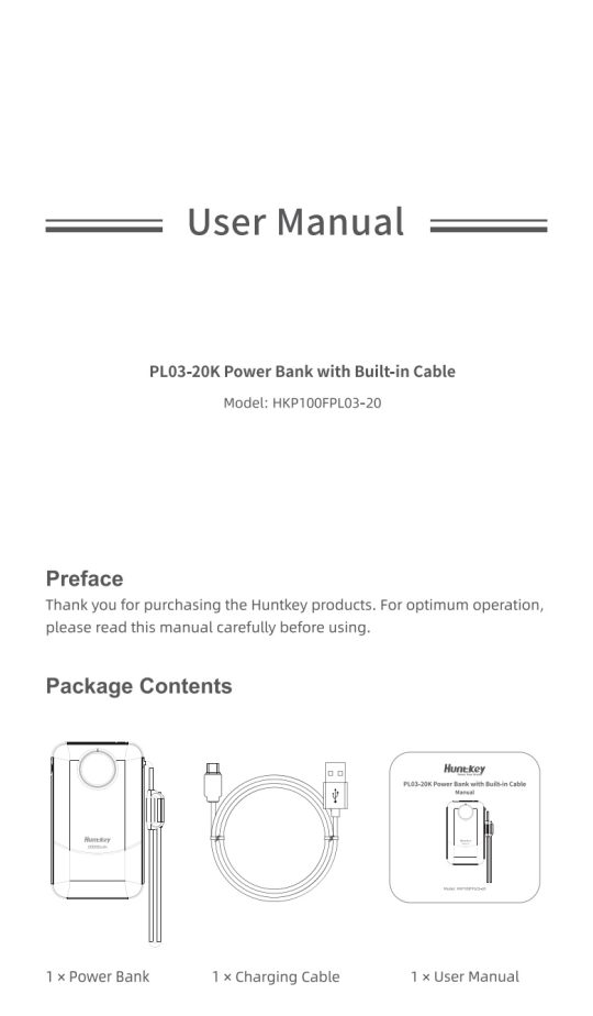 PL03-20K Power Bank with Built-in Cable - Huntkey